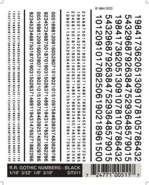 Woodland Scenics DT511 RR Gothic Numbers Black 1/16-3/16" Train Decal ...